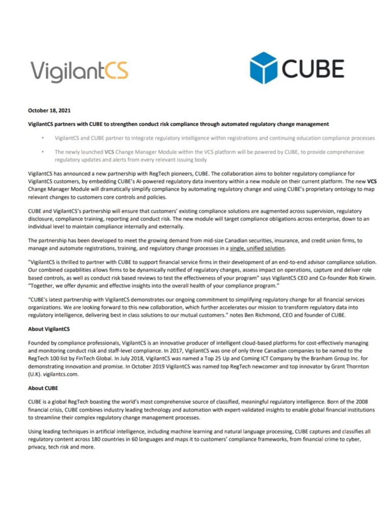VigilantCS partners with CUBE to strengthen conduct risk compliance ...